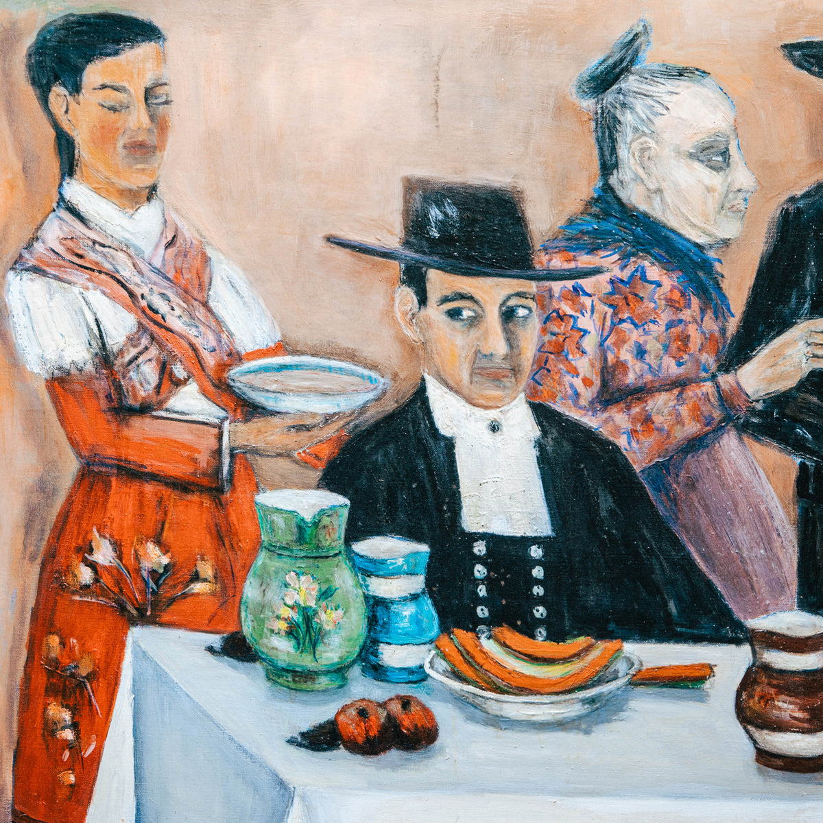 Vintage Naive Dinner Scene Oil Painting | Wildschut Antiques