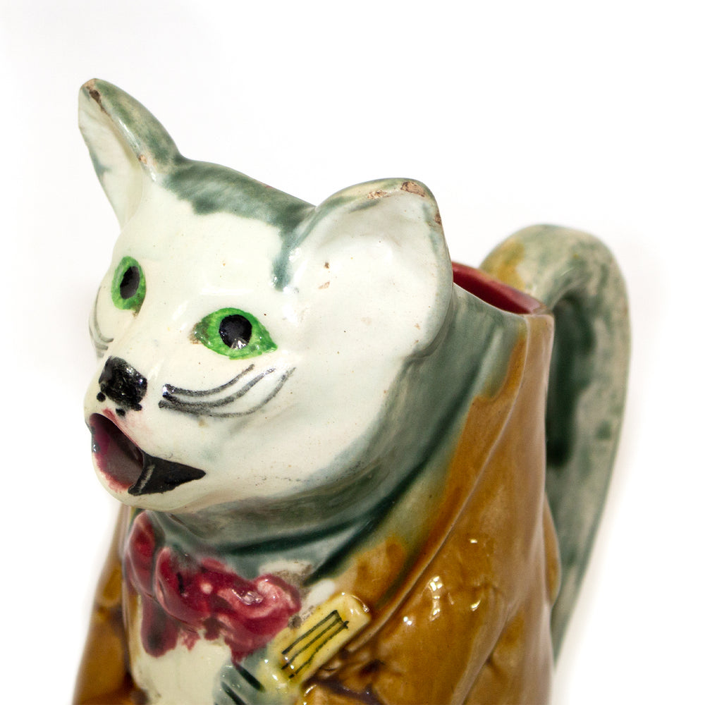 Antique 19th-Century Majolica Ceramic Figural Cat Pitcher