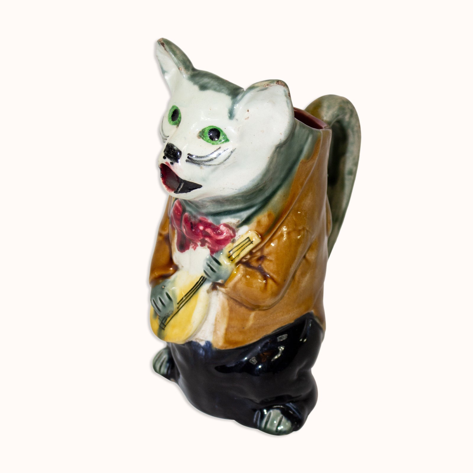 Antique 19th-Century Majolica Ceramic Figural Cat Pitcher