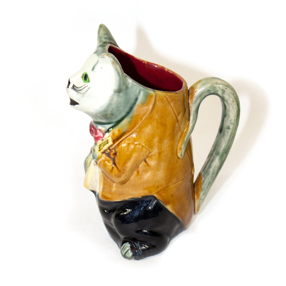 Antique 19th-Century Majolica Ceramic Figural Cat Pitcher